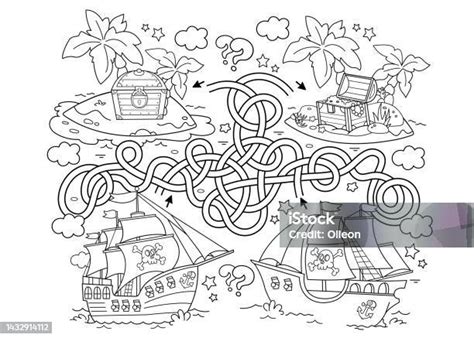 미로 또는 미로 게임 수수께끼 얽힌 도로 색칠 공부 페이지 개요 보물 섬이있는 만화 해적선 아이들을위한 색칠 공부 책 0명에 대한 스톡 벡터 아트 및 기타 이미지 Istock