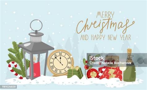 Selamat Natal Kartu Liburan Musim Dingin Dengan Kaligrafi Dan Elemen