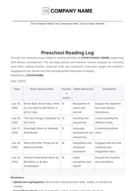 Free Reading Log Templates Editable And Printable