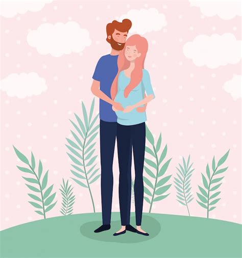 Free Vector Cute Lovers Couple Pregnancy Characters In The Landscape