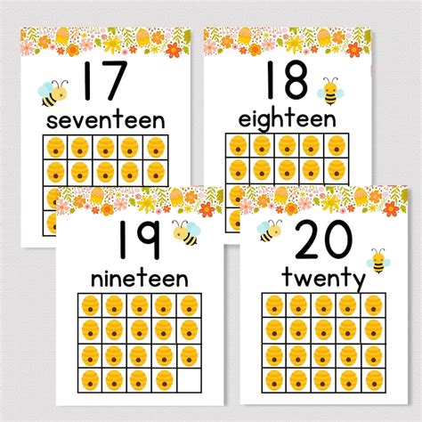 Bee Theme Number Posters Printable Honey Bee Theme Numbers 1 20