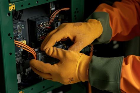 Gloved Hands Connecting Solar Panel Components In An Electrical Setup
