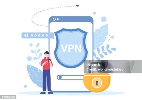 Vpn 또는 가상 사설망 서비스 만화 벡터 일러스트 레이 션을 보호 사이버 보안 및 스마트 폰 또는 컴퓨터에서 자신의 개인