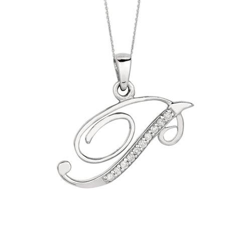 P Sterling Silver Rhodium Plated Script Initial Letter With Diamonds