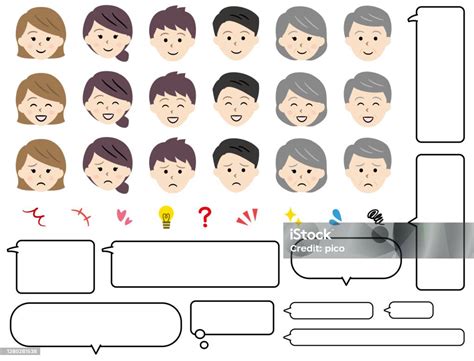 다양한 연령대의 사람들의 얼굴 아이콘과 대화 풍선 세트 상징에 대한 스톡 벡터 아트 및 기타 이미지 Istock