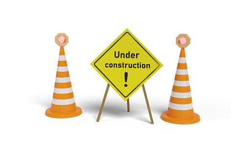 흰색 배경에 격리된 두 개의 안전 콘 옆에 건설 중이라는 텍스트로 서명합니다 3d 일러스트레이션 3차원 형태에 대한 스톡 사진 및 기타 이미지 Istock