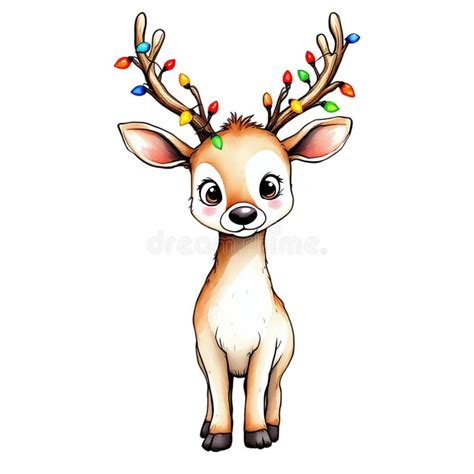 A Cartoon Deer With Colorful Christmas Lights Wrapped Stock
