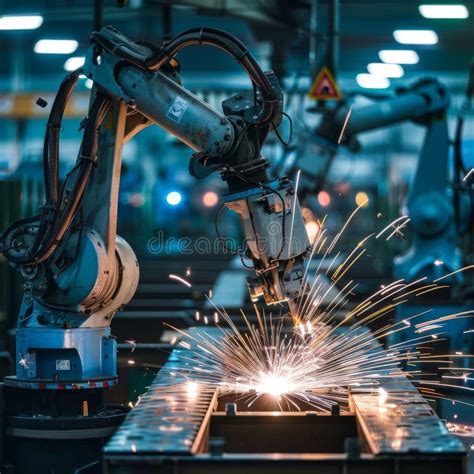 Industrial Welding Robots Futuristic Machines In Production Line Manufacturer Factory Welding