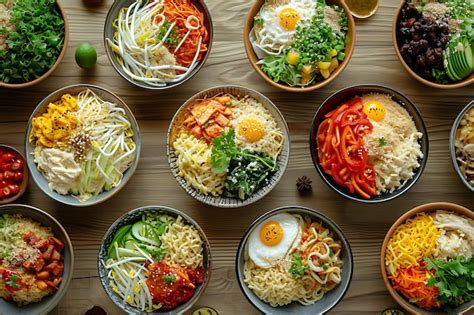 Premium Photo Assorted Food Bowls Arranged On A Flat Surface