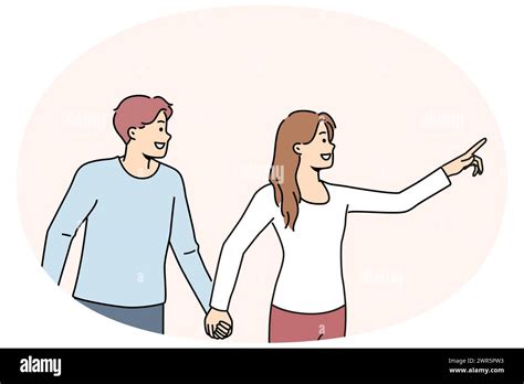 Smiling Woman Holding Man By Hand Showing Something Forward Happy