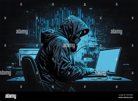 Hacker In A Blue Hoody Standing In Front Of A Code Background Neural