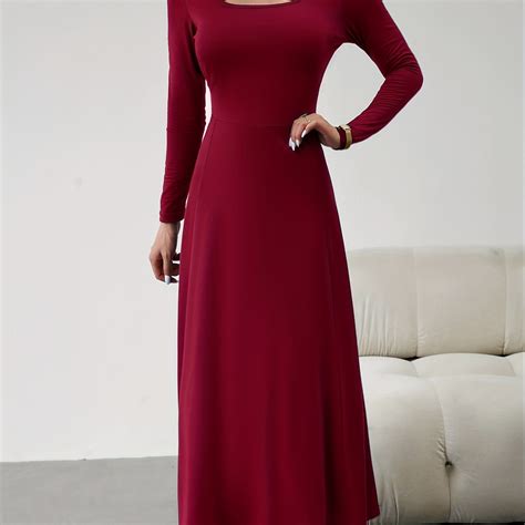 Solid Simple Dress Elegant Squared Neck Long Sleeve Maxi Dress Women