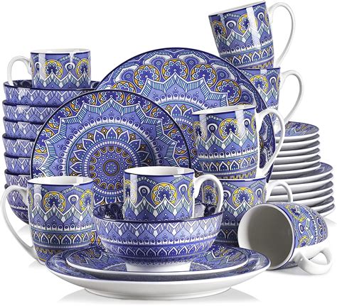 Vancasso Series Mandala 32 Piece Porcelain Dinnerware Set Boho Blue