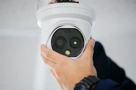 가정용 보안 시스템을 위해 나사로 조정하여 Ip 무선 Cctv 카메라를 설치하고 설치한 기술자 감시에 대한 스톡 사진 및 기타
