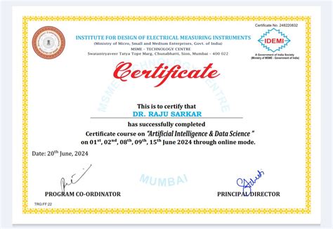 Dr Raju Sarkar On Linkedin Certificate Artificialintelligence Ai Datascience Idemi Mumbai