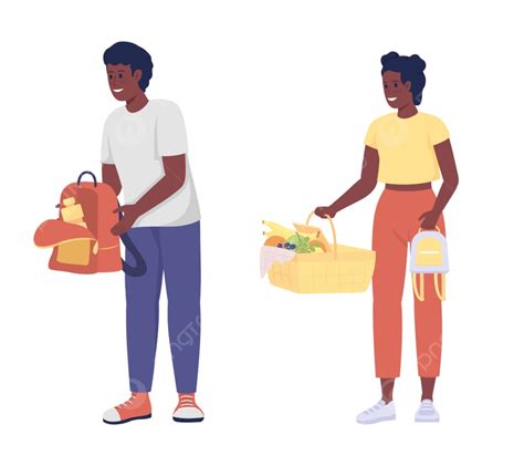 Teenagers Showing Food For Picnic Semi Flat Color Vector Characters Set