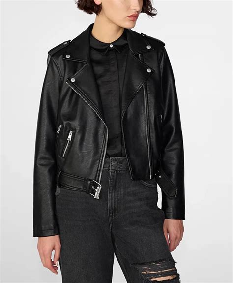 Womens Black Leather Biker Jacket Asymmetrical Collar For Sale