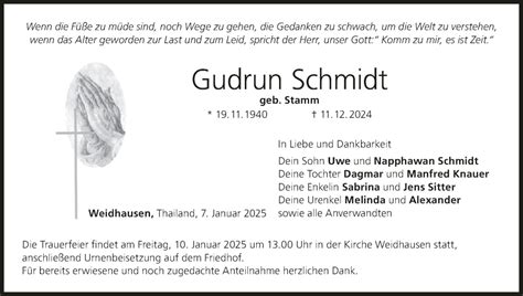 Gudrun Schmidt Traueranzeige Franken De