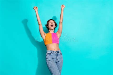 Photo Of Lucky Cool Woman Wear Pink Orange Top Shouting Yeah Rising