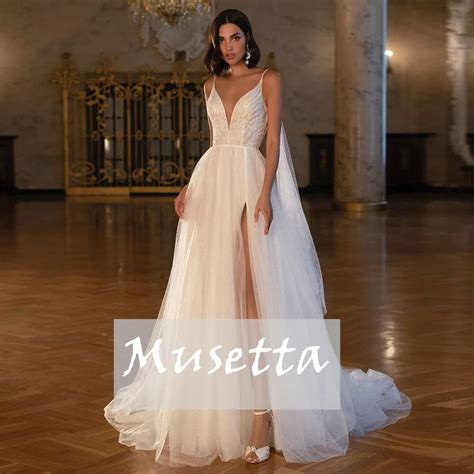 Glitter Profundo Decote Em V Tule Vestido De Casamento Renda Applique