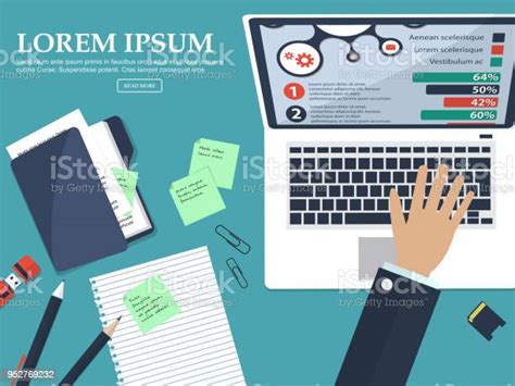 텍스트에 대 한 장소를 가진 데스크톱 비즈니스 사람입니다 평면 배경입니다 벡터 노트북에 대한 스톡 벡터 아트 및 기타 이미지 노트북 디자인 무선 기술 Istock