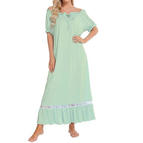 Womens Solid Color Lace Splice Short Sleeve Nightgown Cute Comfortable