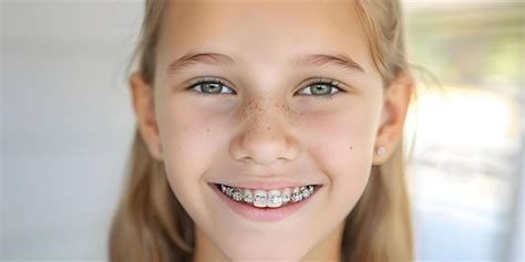 Caucasian Girl With Braces Smiling At The Camera In Orthodontists