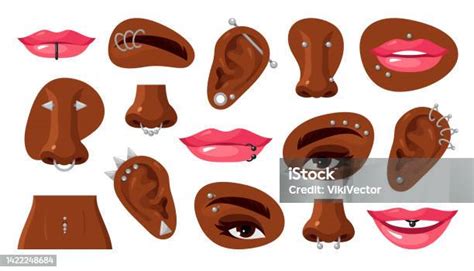 어두운 피부에 피어싱 여성 얼굴과 몸 세트 벡터 플랫 일러스트 레이 션 피어싱에 대한 스톡 벡터 아트 및 기타 이미지 피어싱 구멍 내다 보석 개인 장식품 Istock