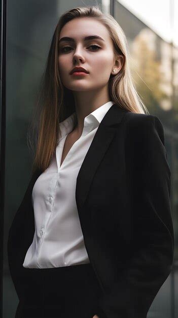 Young Woman In A White Shirt And Black Blazer With A Serious Expression