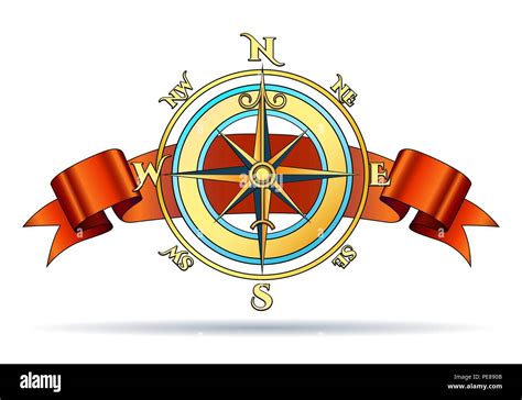Wind Rose Golden Nautical Compass With Red Ribbon Vector Illustration