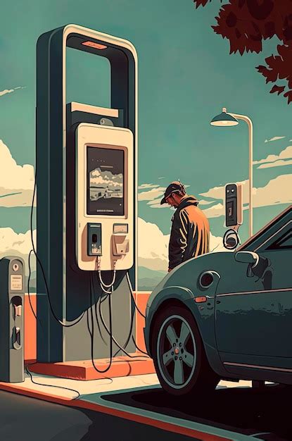 환경을 존중하는 배터리를 충전하는 전기 자동차의 생성 Ai 일러스트레이션 프리미엄 사진