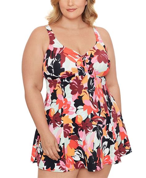 Swim Solutions Plus Size Printed Botanical Beauty Bow Front Tummy