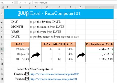 How To Use DAY MONTH YEAR And DATE In Excel With Example Download REAN Computer 101