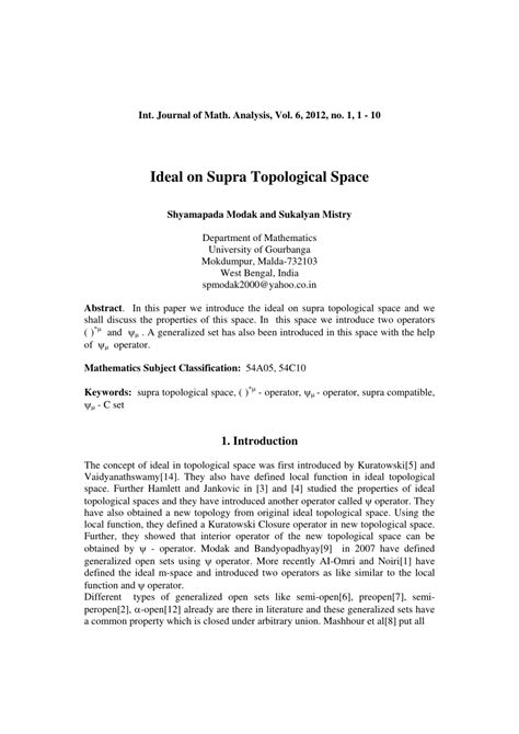 Pdf Ideal On Supra Topological Space