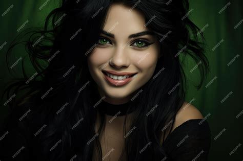 Premium Ai Image A Woman With Long Black Hair And Green Eyes