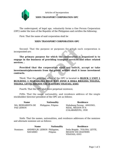 Articles Of Incorporation Opc Pdf Business Stocks