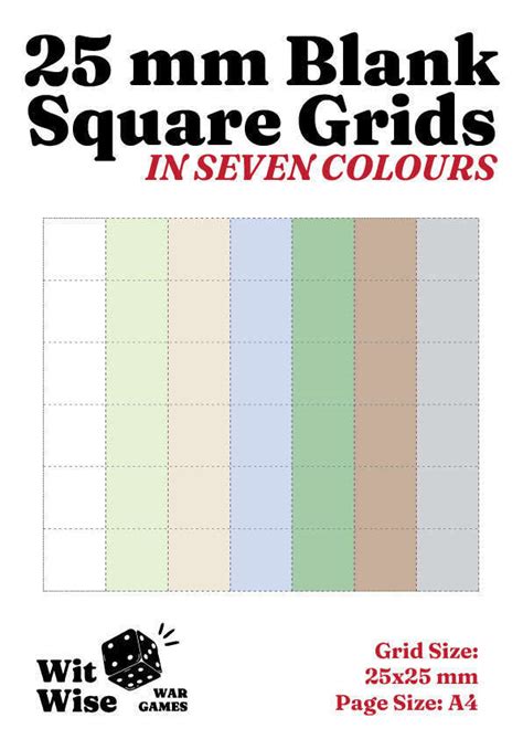 25mm Blank Square Grids In Seven Colours Witwise Wargames Drivethrurpg
