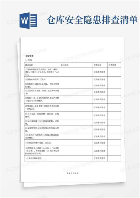 仓库安全隐患排查清单word模板下载 编号qwgmobgx 熊猫办公