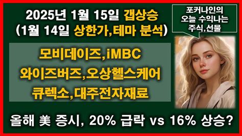 2025년 1월 15일 갭상승과 1월 14일 상한가 종목hlb글로벌맥스트hlb바이오스텝hlb제약에스오에스랩엑스큐어모비데이즈듀오백imbc와이즈버즈오상헬스