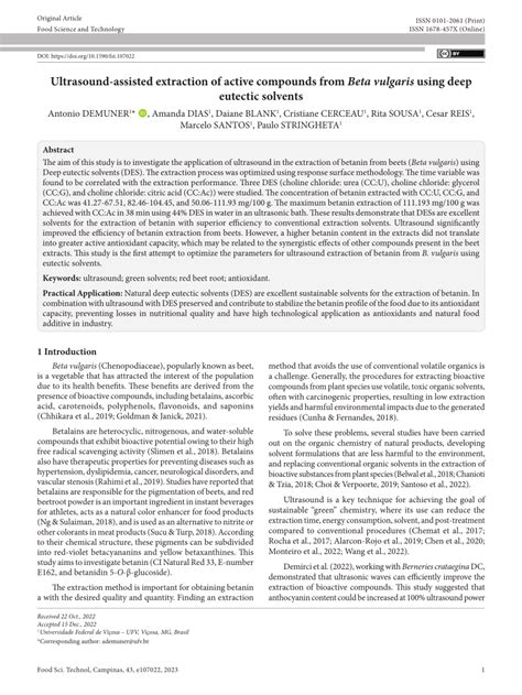 Pdf Ultrasound Assisted Extraction Of Active Compounds From Beta Vulgaris Using Deep Eutectic