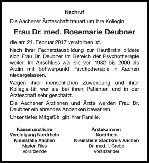 Traueranzeigen Von Frau Dr Med Rosemarie Deubner Aachen Gedenkt
