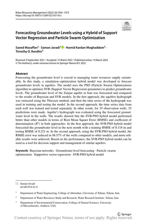 Forecasting Groundwater Levels Using A Hybrid Of Support Vector