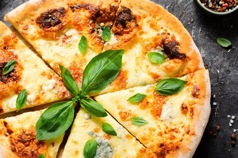 Four Cheese Pizza On Dark Background Freshly Baked Pizza Stock Image