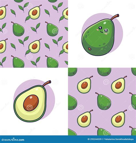 Set Of Cute Kawaii Avocado Patterns Cartoon Icon Illustration Of