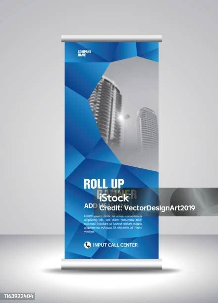 Blue Roll Up Banner Template Vektor Spanduk Berdiri Desain Pameran