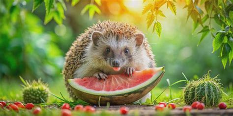 Cute Hedgehog Eating Watermelon In Summer Garden Setting Stock