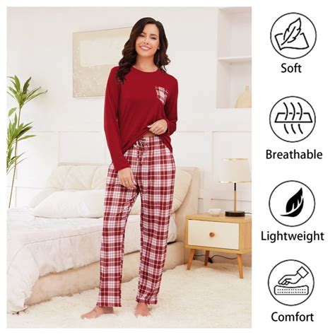 Womens Pajama Sets Long Sleeve And Plaid Pants Round Neck Soft