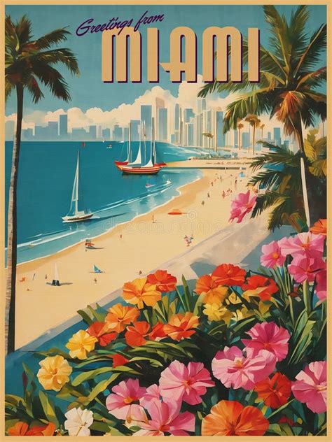 Miami Beach Florida Vintage Travel Poster Postcard Stock Illustration