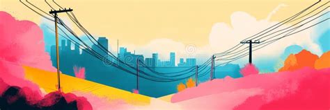 Artistic Graphic Of Electric Lines Framing A Vivid Urban Skyline With Dynamic Composition And