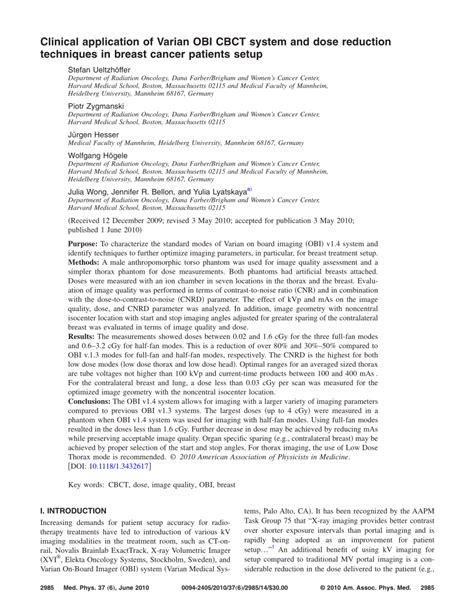 Pdf Clinical Application Of Varian Obi Cbct System And Dose Reduction